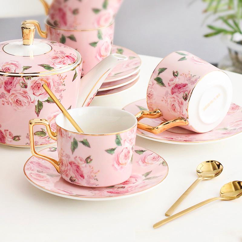 Pink Flower Ceramic Tea Set, Ceramic Coffee Set, 1 Pot 4 Cups Saucer ...
