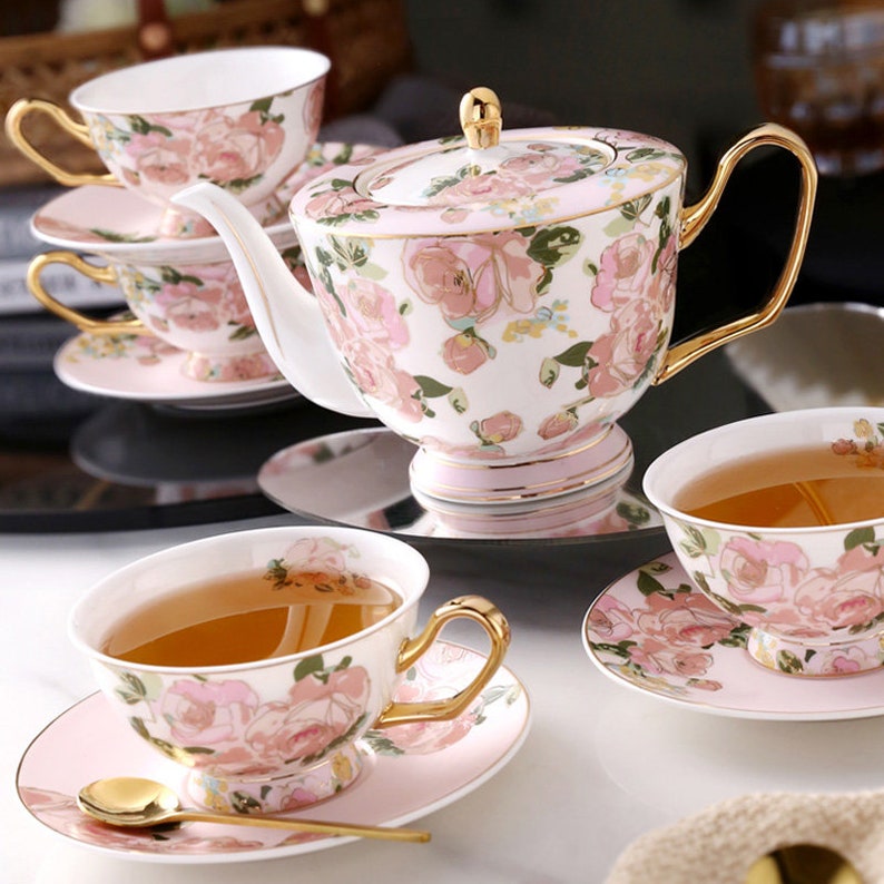 Romantic Rose Ceramic Tea Set, English Afternoon Tea Set, Pink Ceramic ...