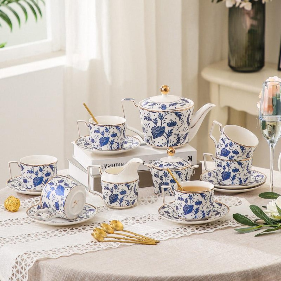 Blue White Porcelain Ceramic Tea Set, Teapot With Tea Set, Afternoon ...