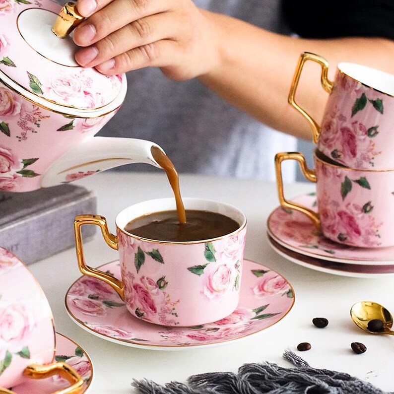 Pink Flower Ceramic Tea Set, Ceramic Coffee Set, 1 Pot 4 Cups Saucer ...