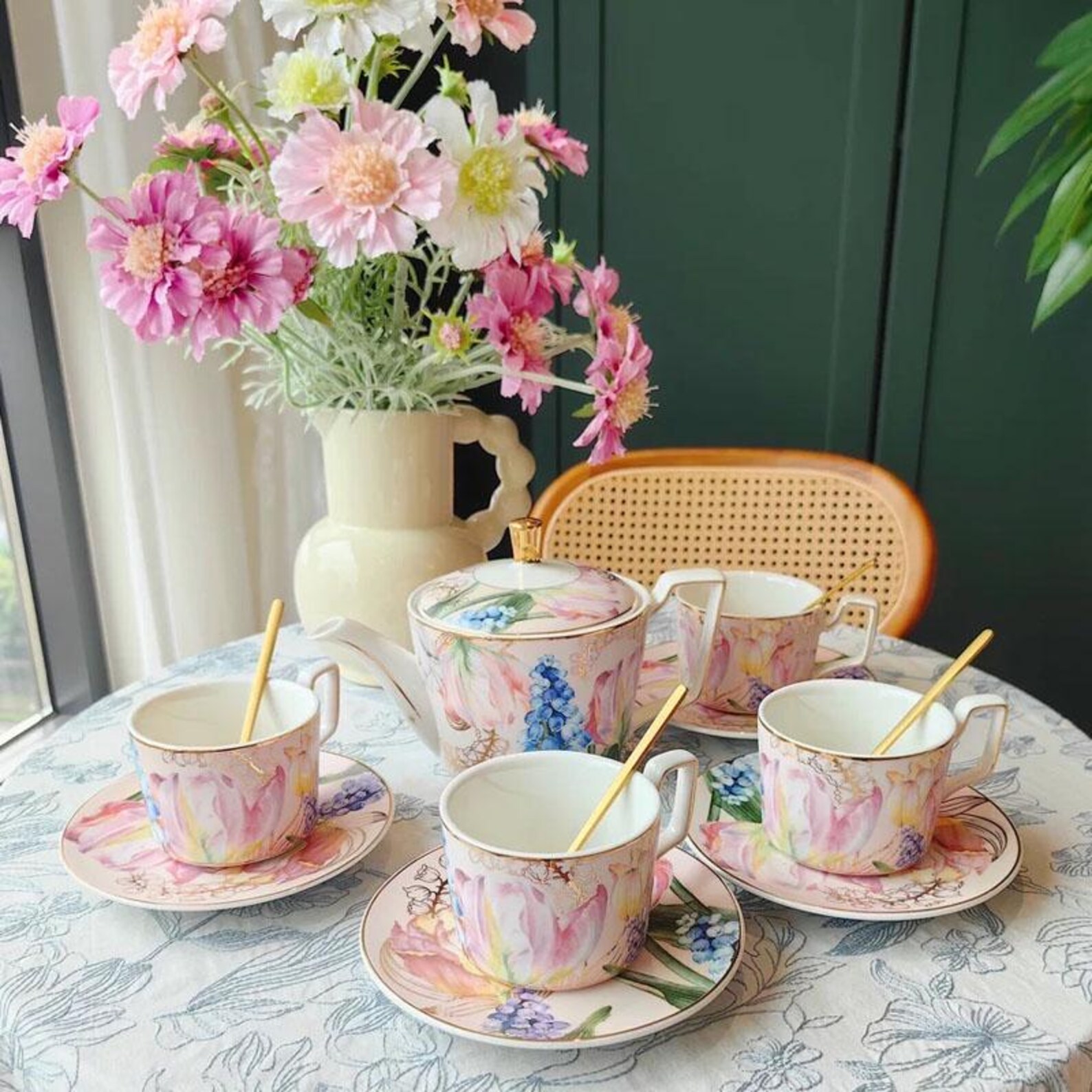 Pink Ceramic Tea Set, Tulip Afternoon Tea Set, Ceramic Coffee Set ...