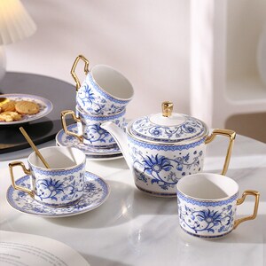 Blue and White Ceramic Coffee Set, Retro Ceramic Tea Set, 1 Pot and 4 ...