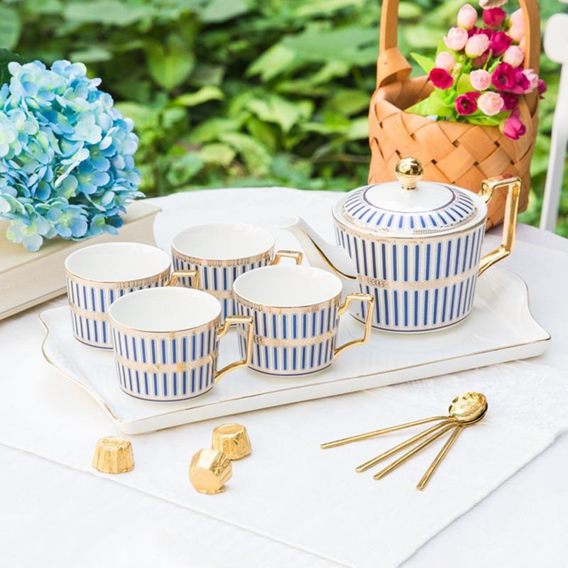 European Ceramic Tea Set, Blue Coffee Set, 1 Pot 4 Cups Saucers Set, Coffee Pot Set, Afternoon ...