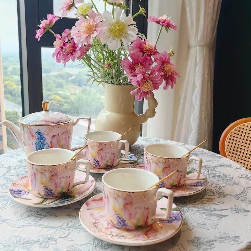 Pink Ceramic Tea Set, Tulip Afternoon Tea Set, Ceramic Coffee Set ...
