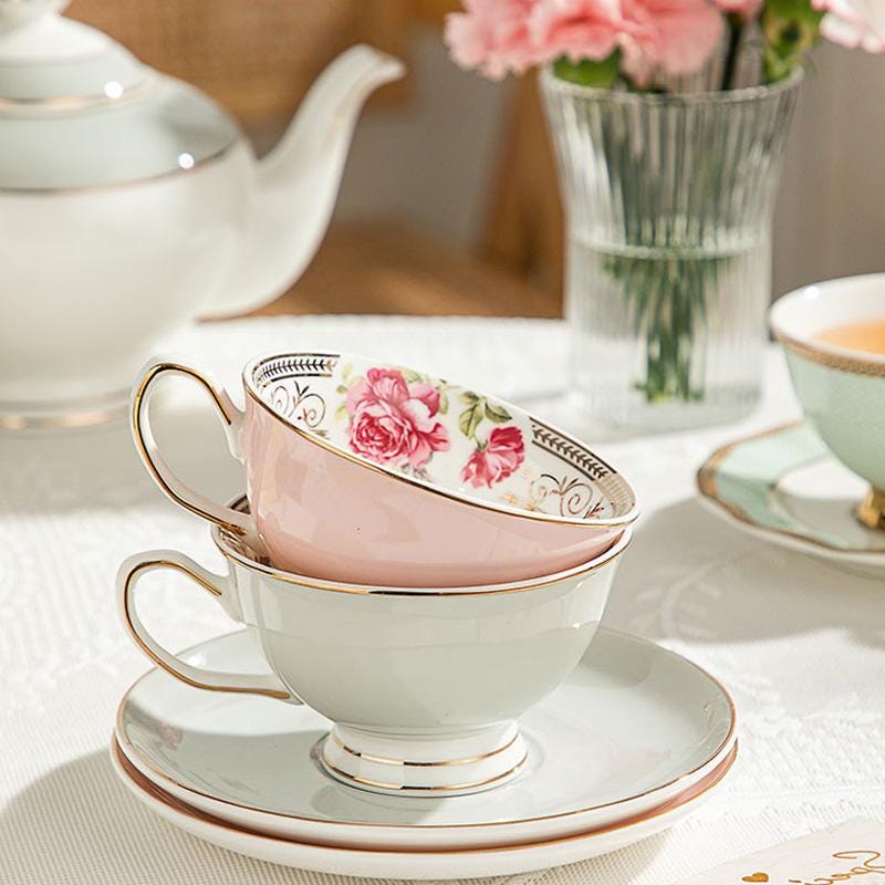 European Ceramic Tea Set, 1 Pot 4 Cups Saucers Tea Set Coffee Set, Flower Teapot Set, Afternoon ...