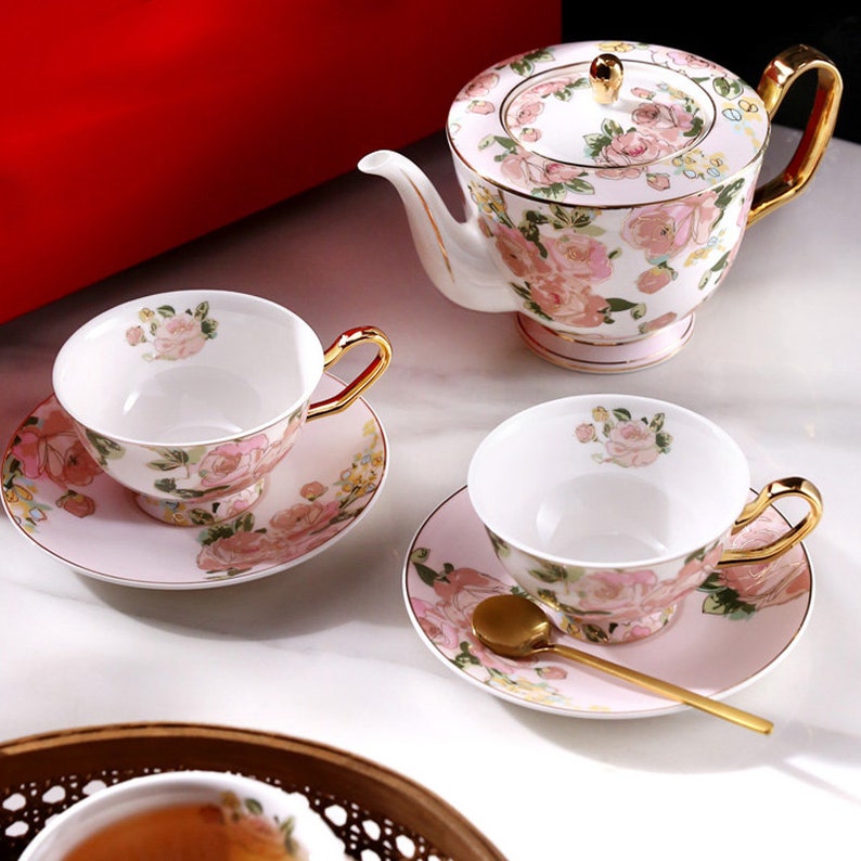 Romantic Rose Ceramic Tea Set, English Afternoon Tea Set, Pink Ceramic ...