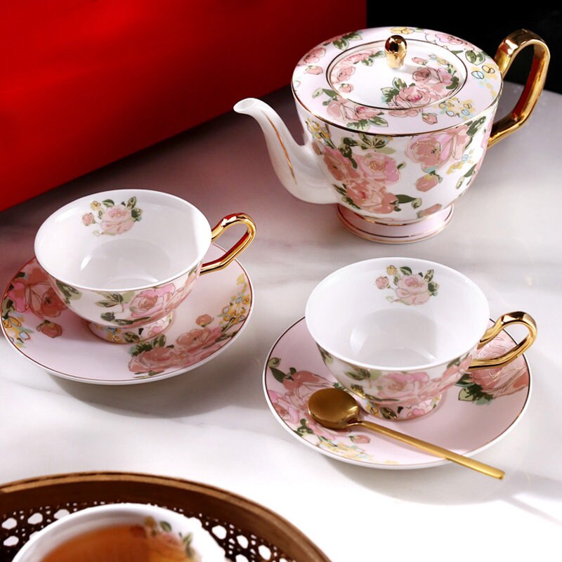 Romantic Rose Ceramic Tea Set, English Afternoon Tea Set, Pink Ceramic ...