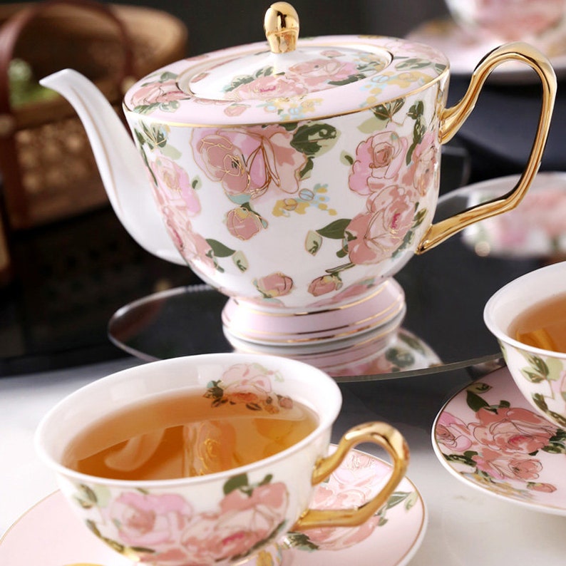 Romantic Rose Ceramic Tea Set, English Afternoon Tea Set, Pink Ceramic ...
