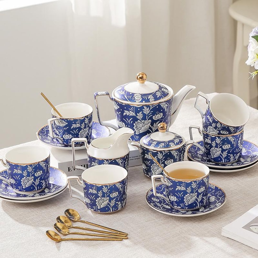 Blue Floral Ceramic Coffee Set, English Ceramic Tea Set, Afternoon Tea ...