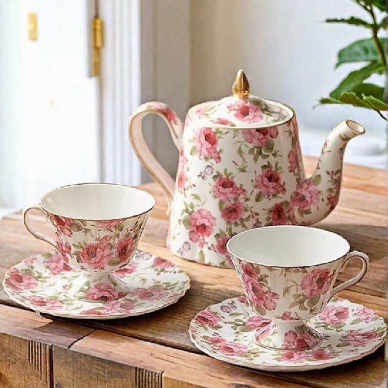 Rose Flower Ceramic Coffee Set, Vintage Ceramic Tea Set, Flower Teapot ...