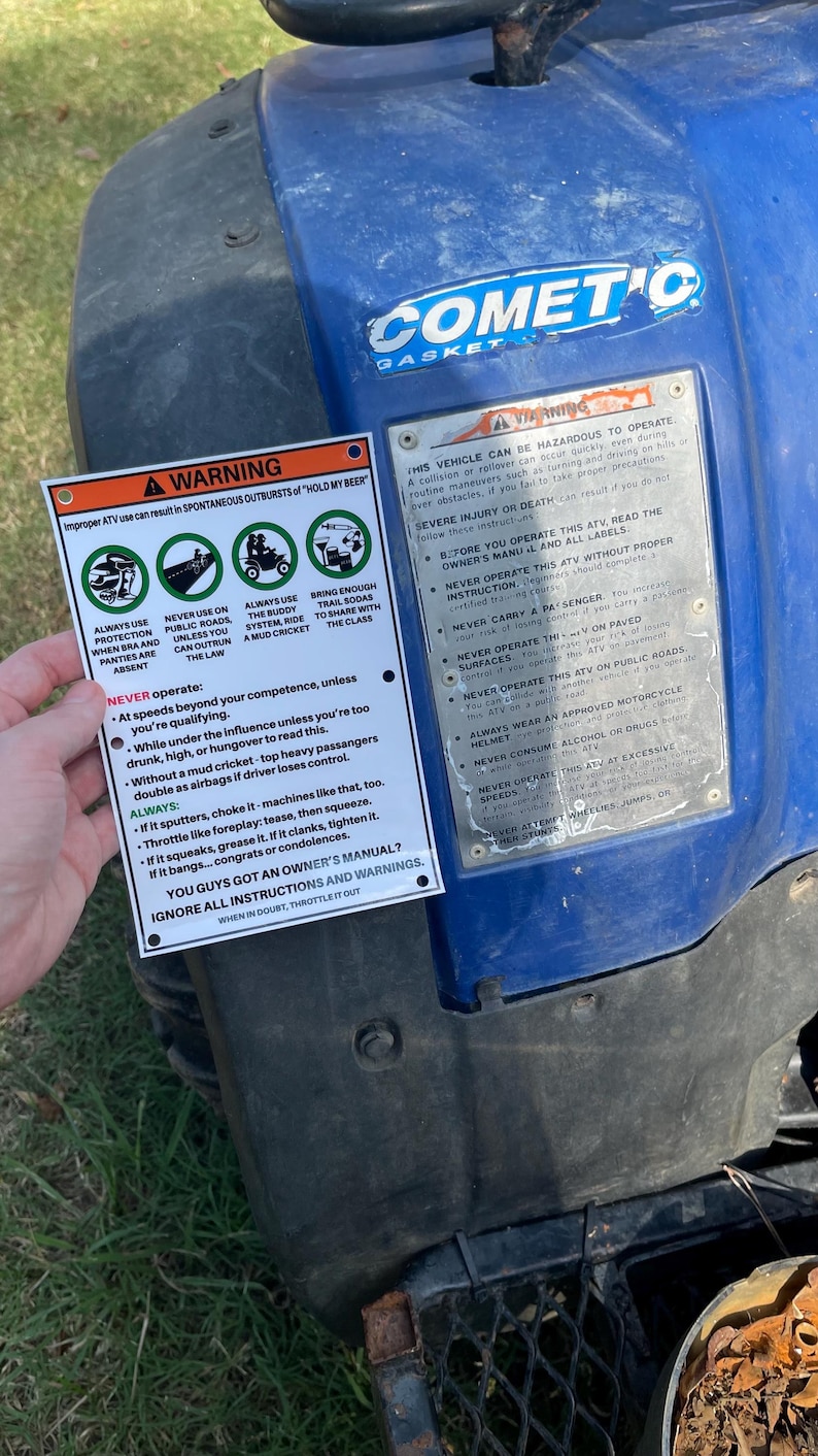 Funny ATV Warning Label Sticker | Parody Anti-warning Decal for Honda ...