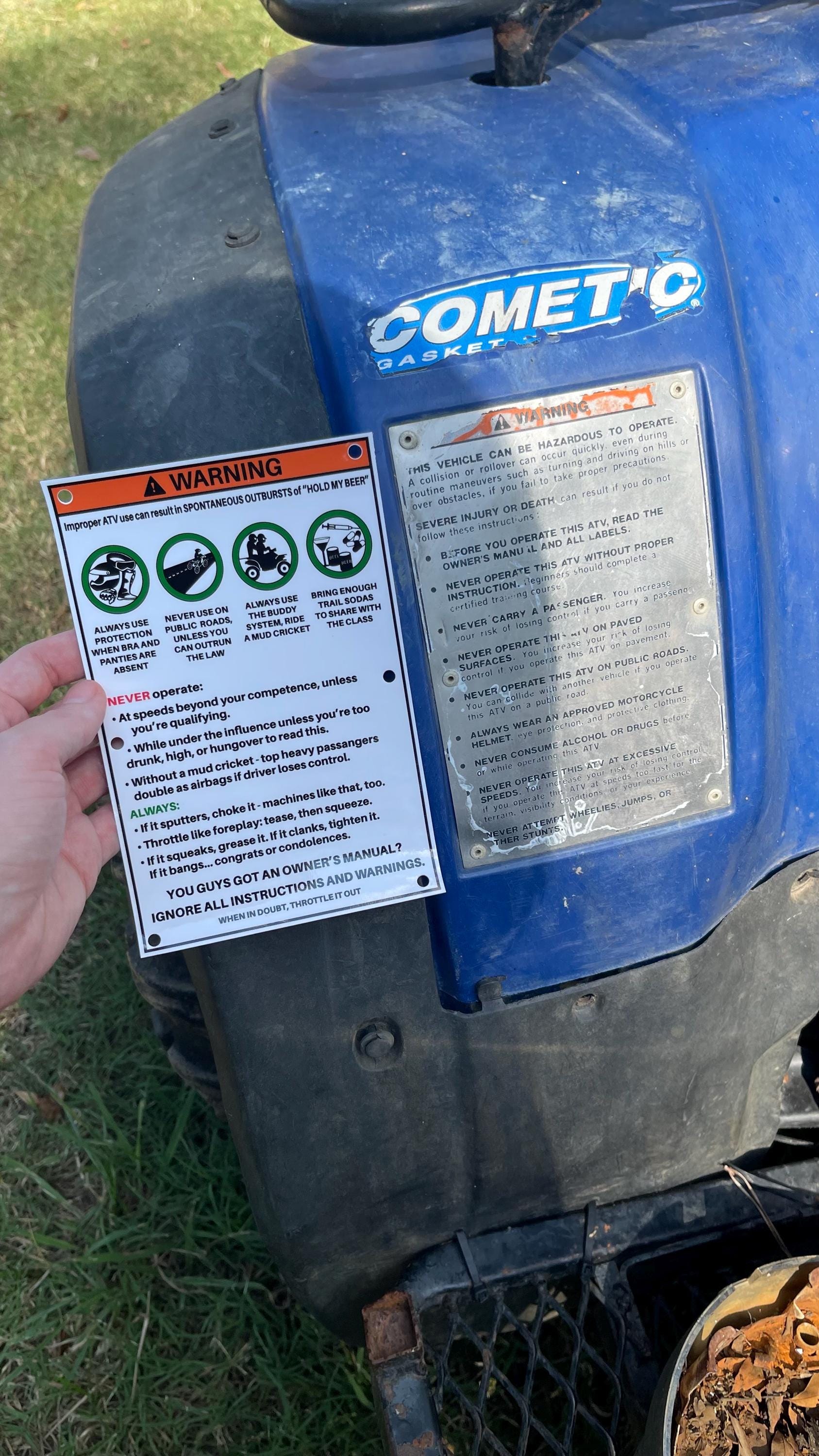 Funny ATV Warning Label Sticker | Parody Anti-warning Decal for Honda ...