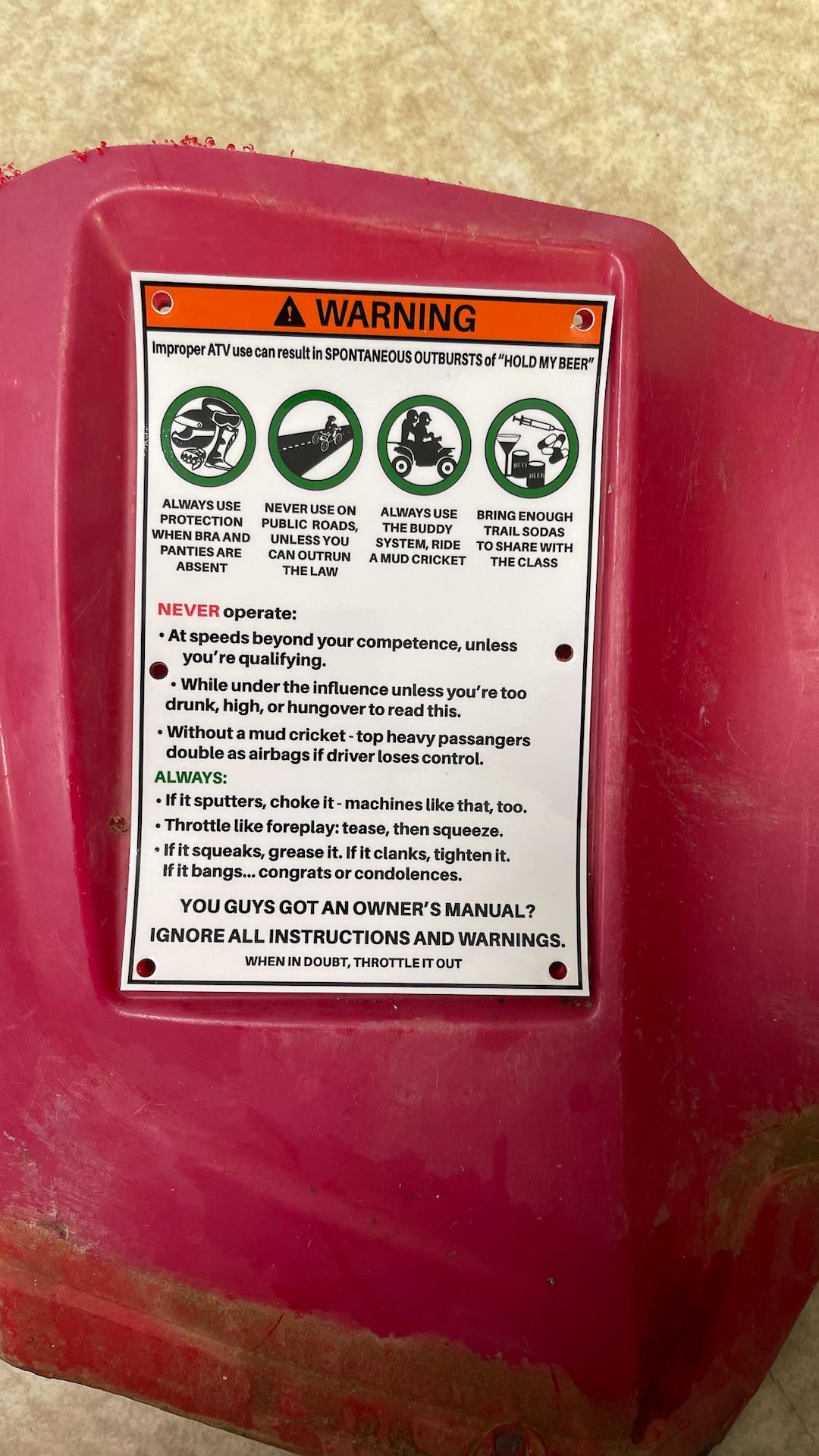 Funny ATV Warning Label Sticker | Parody Anti-warning Decal for Honda ...