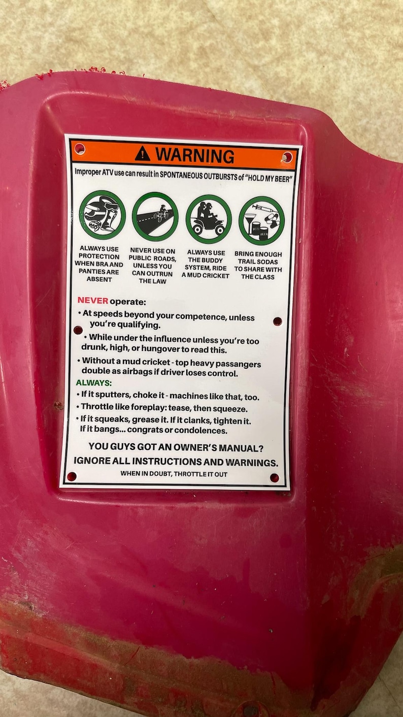 Funny ATV Warning Label Sticker | Parody Anti-warning Decal for Honda ...