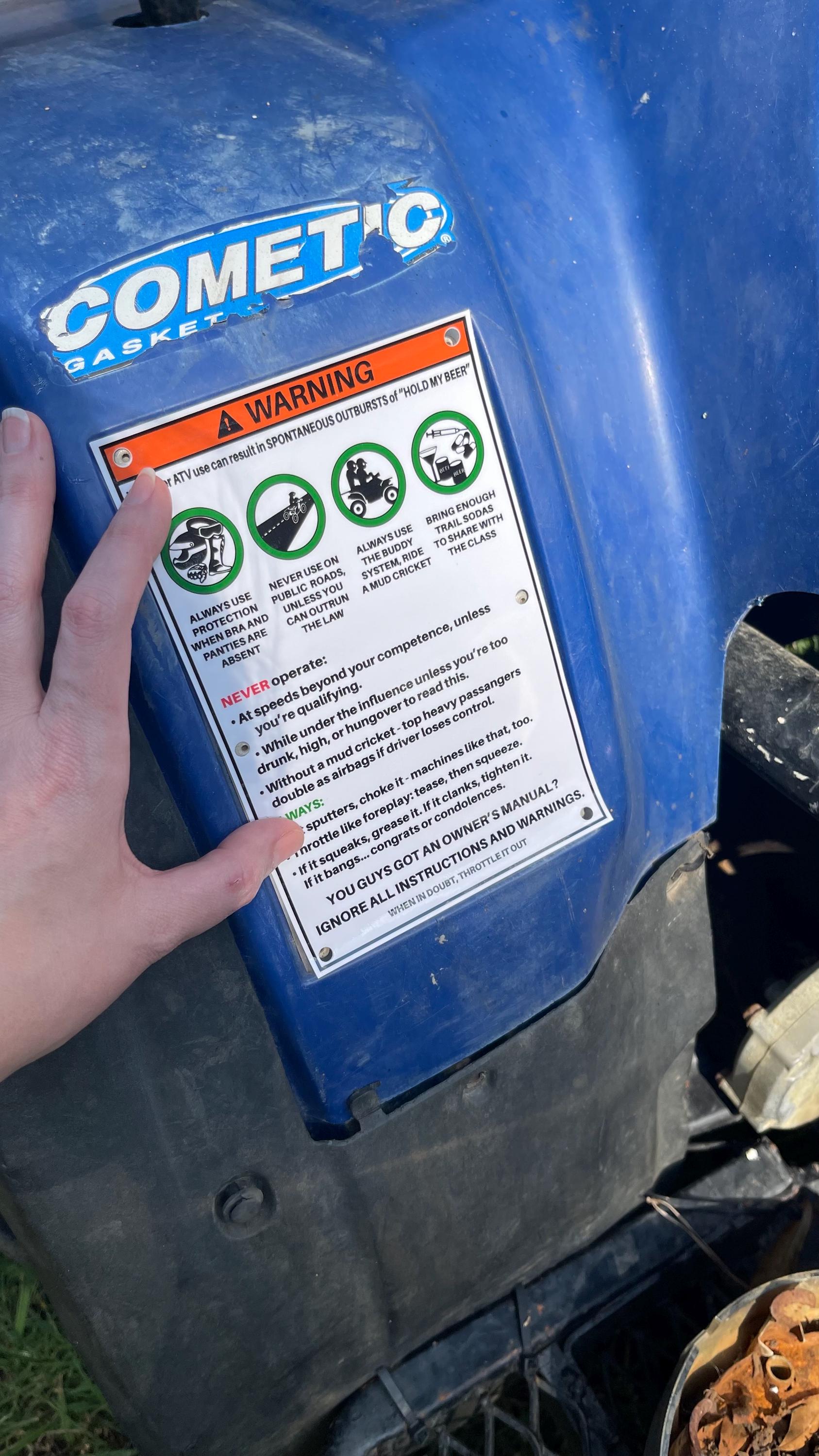 Funny ATV Warning Label Sticker | Parody Anti-warning Decal for Honda ...