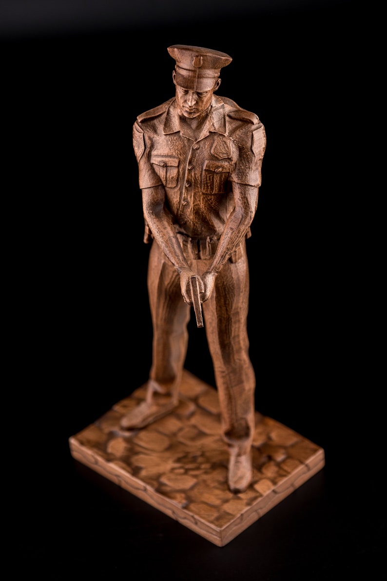 Wood Art Policeman Figurine With Gun, Table Wood Sculpture, Police ...