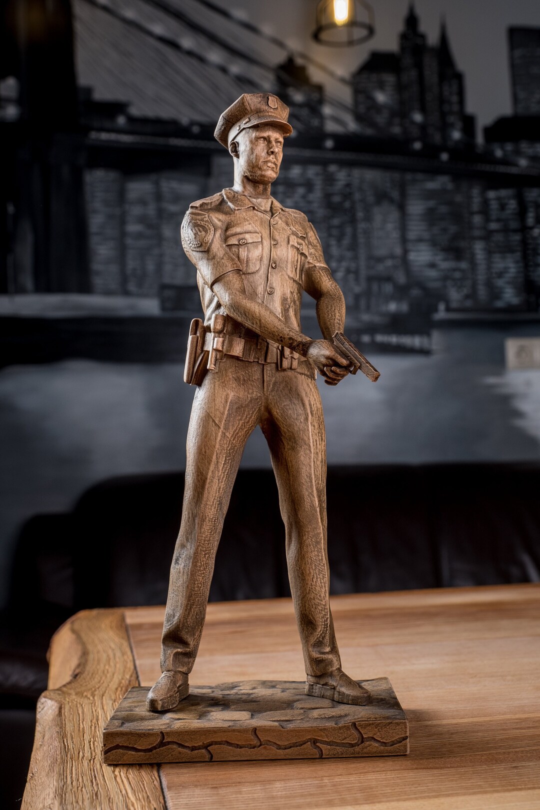 Wood Art Policeman Figurine With Gun, Table Wood Sculpture, Police ...