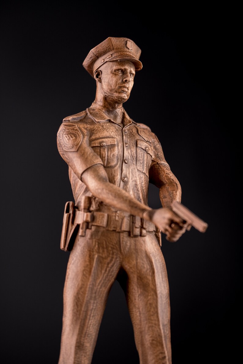 Wood Art Policeman Figurine With Gun, Table Wood Sculpture, Police ...
