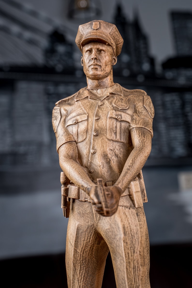 Wood Art Policeman Figurine With Gun, Table Wood Sculpture, Police ...