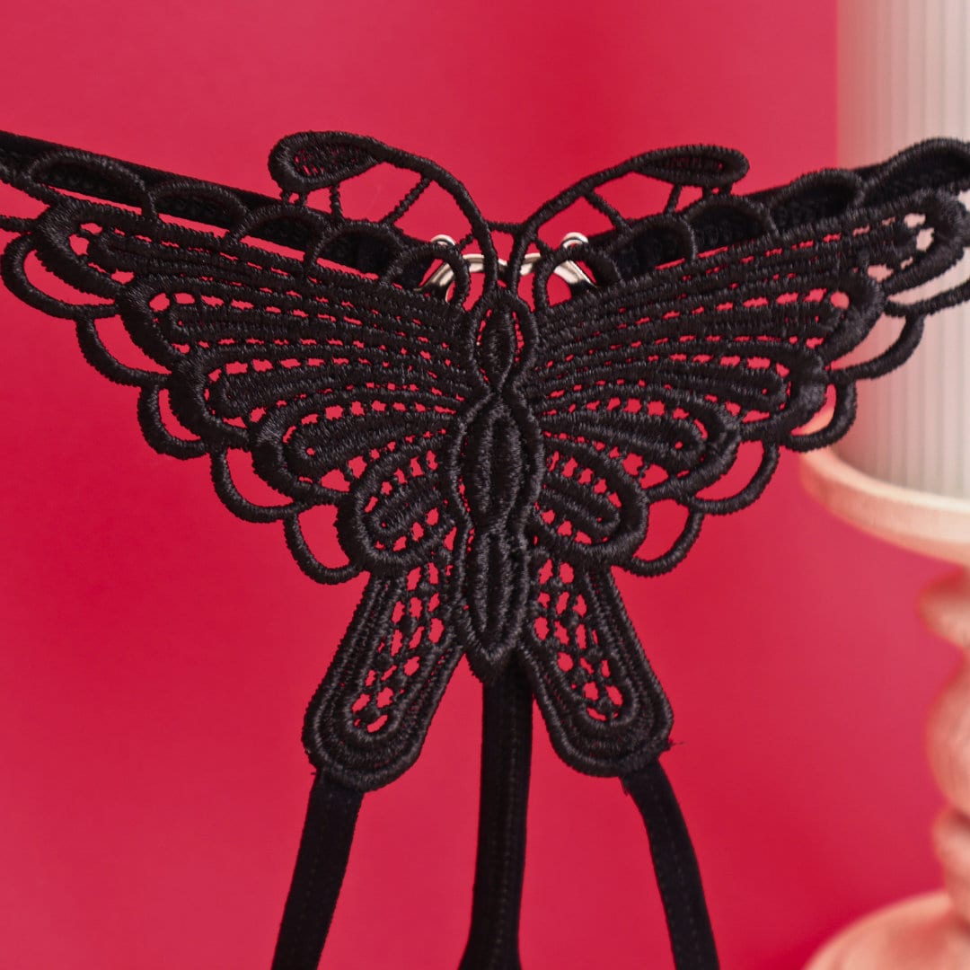 Black Crotchless Thong Ladies Butterfly Pattern G-string Lace ...