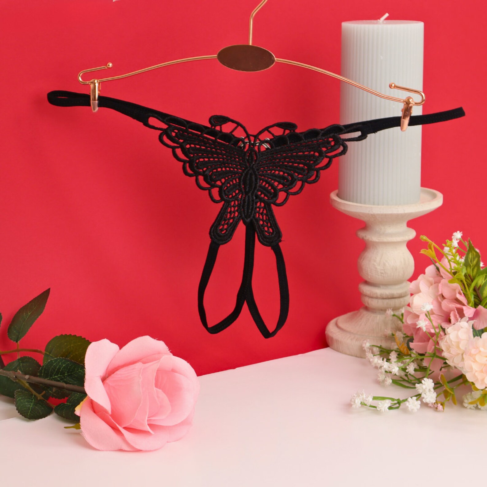 Black Crotchless Thong Ladies Butterfly Pattern G-string Lace ...