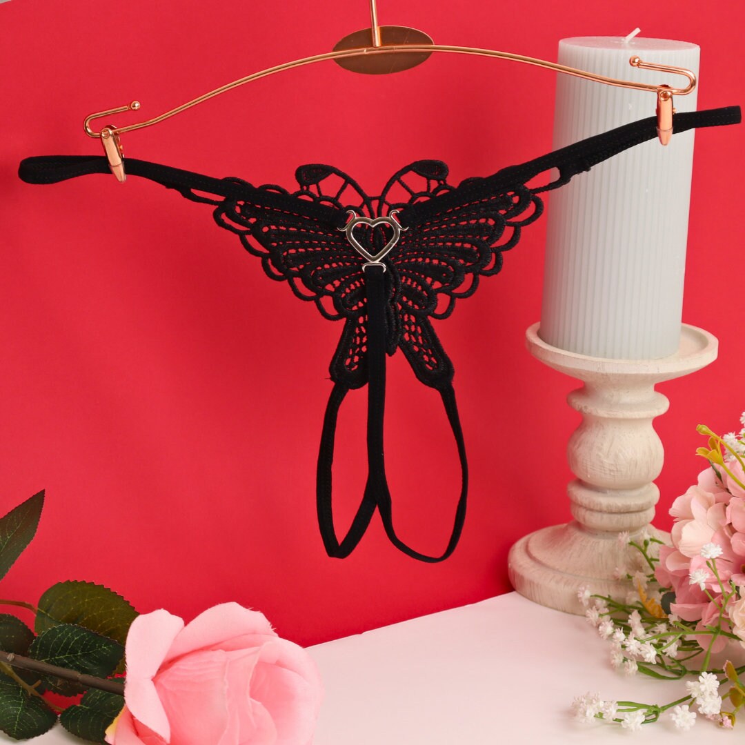 Black Crotchless Thong Ladies Butterfly Pattern G-string Lace ...