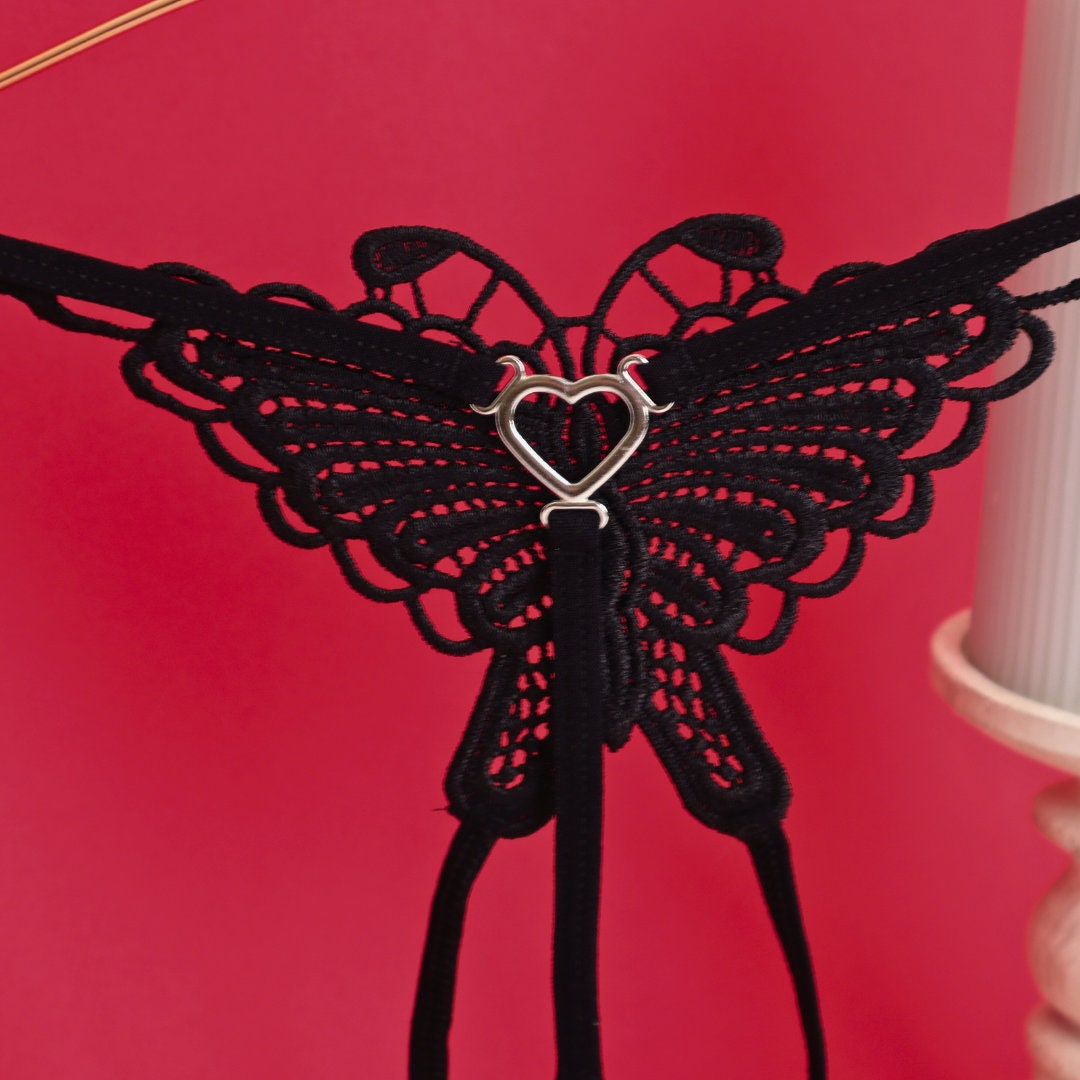 Black Crotchless Thong Ladies Butterfly Pattern G-string Lace ...