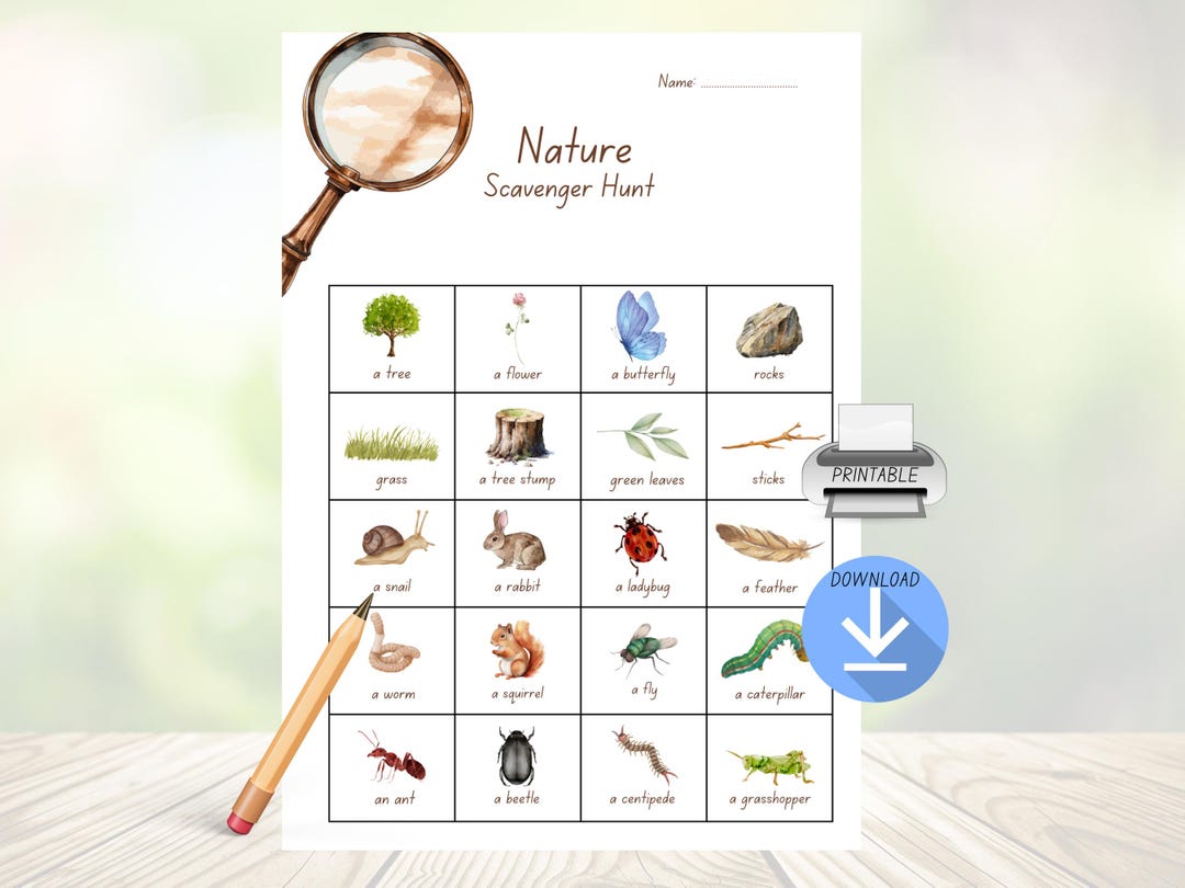 Nature Scavenger Hunt for Kids, Watercolour Outdoor Nature Scavenger ...
