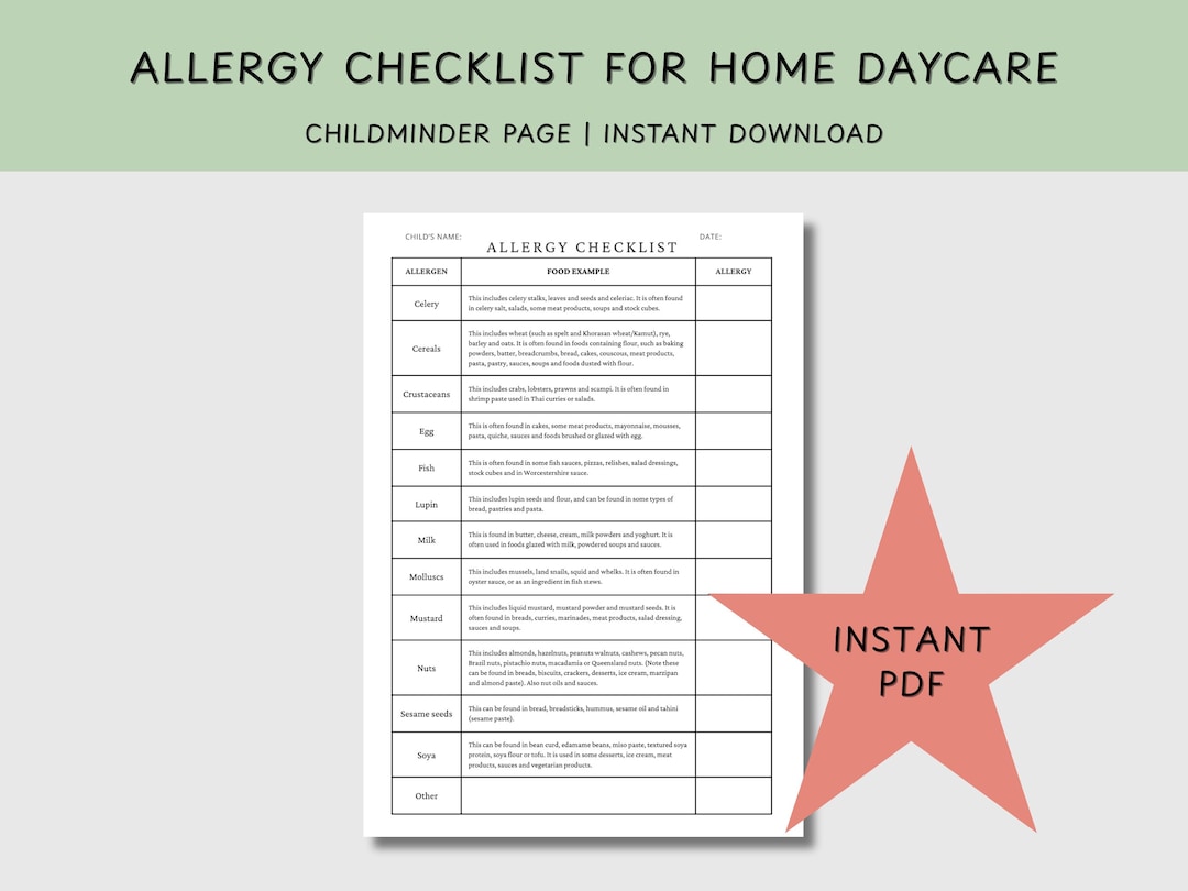 Food Allergy Checklist | PDF Printable | Home Daycare Childminders ...