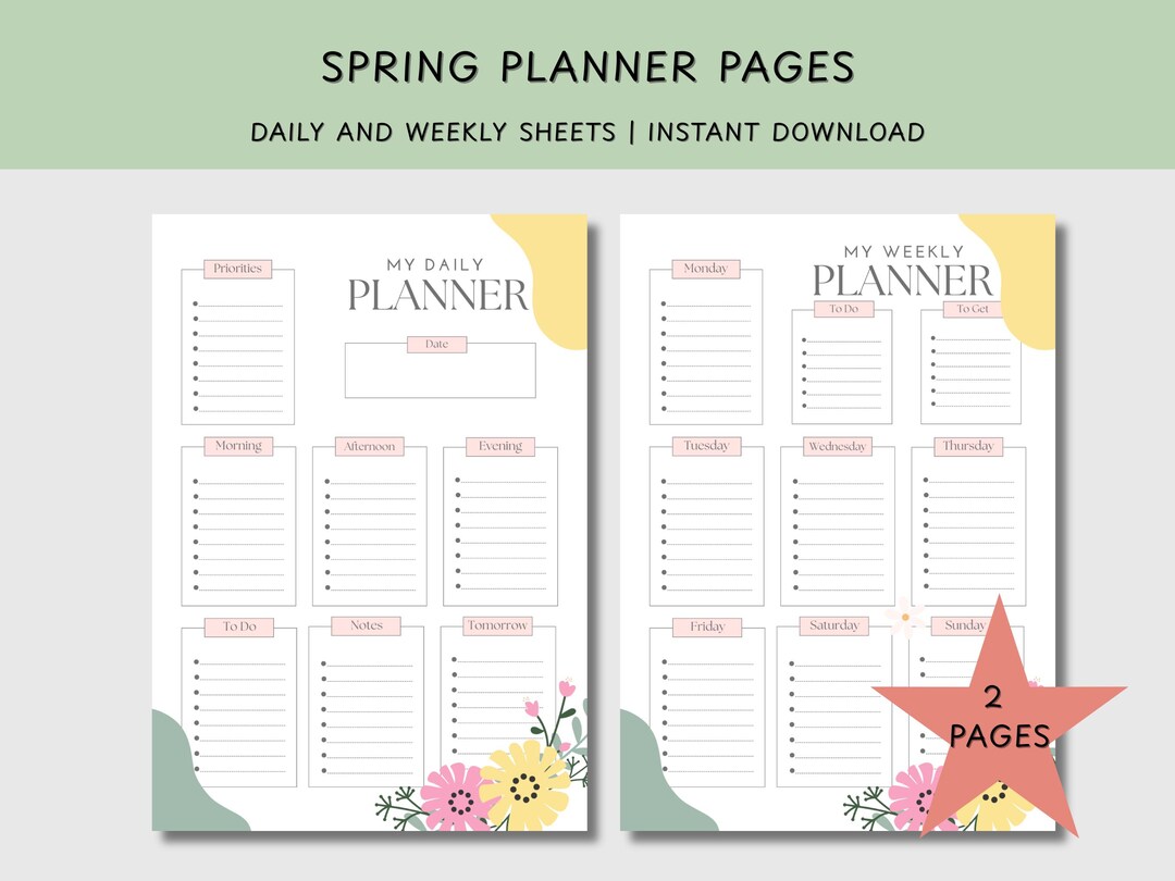 Spring Planner Printable Pages | Daily and Weekly Sheets | Checklist ...