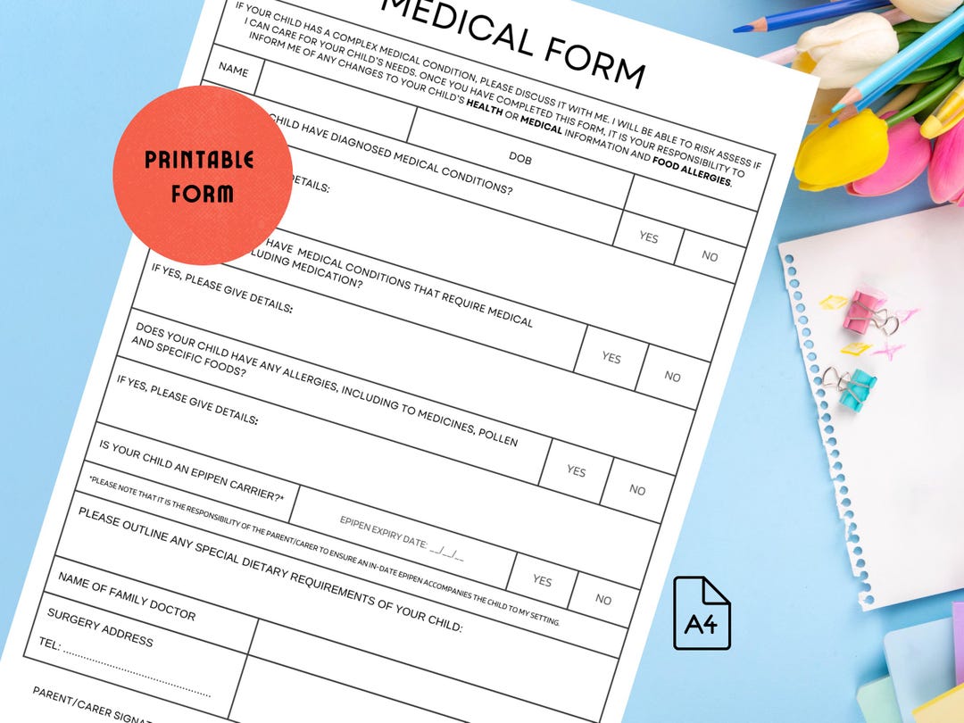 Daycare Medical Form: Child Health & Allergy Record (printable PDF ...