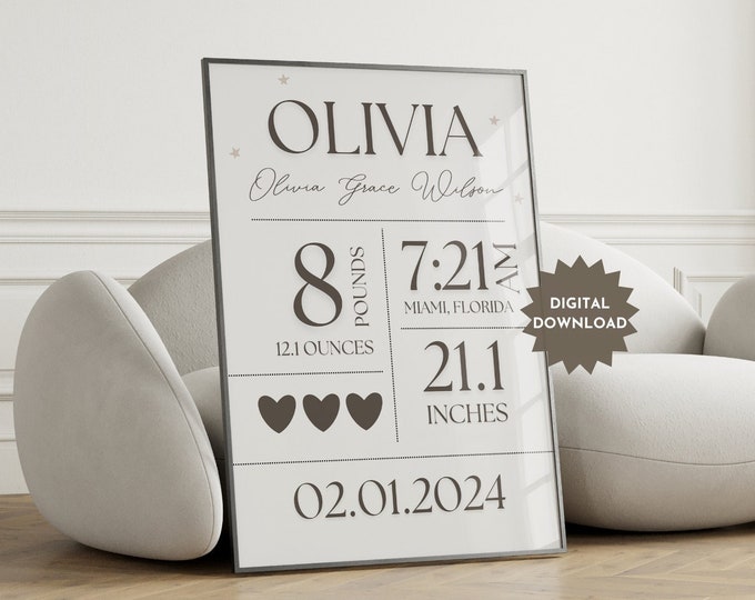 Minimalist Birth Stats Sign, Birth Statistics Print, Baby Birth ...