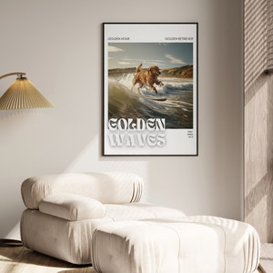 Golden Retriever Dog Surfing Poster, Pet Portrait, Surf Print, Coastal ...
