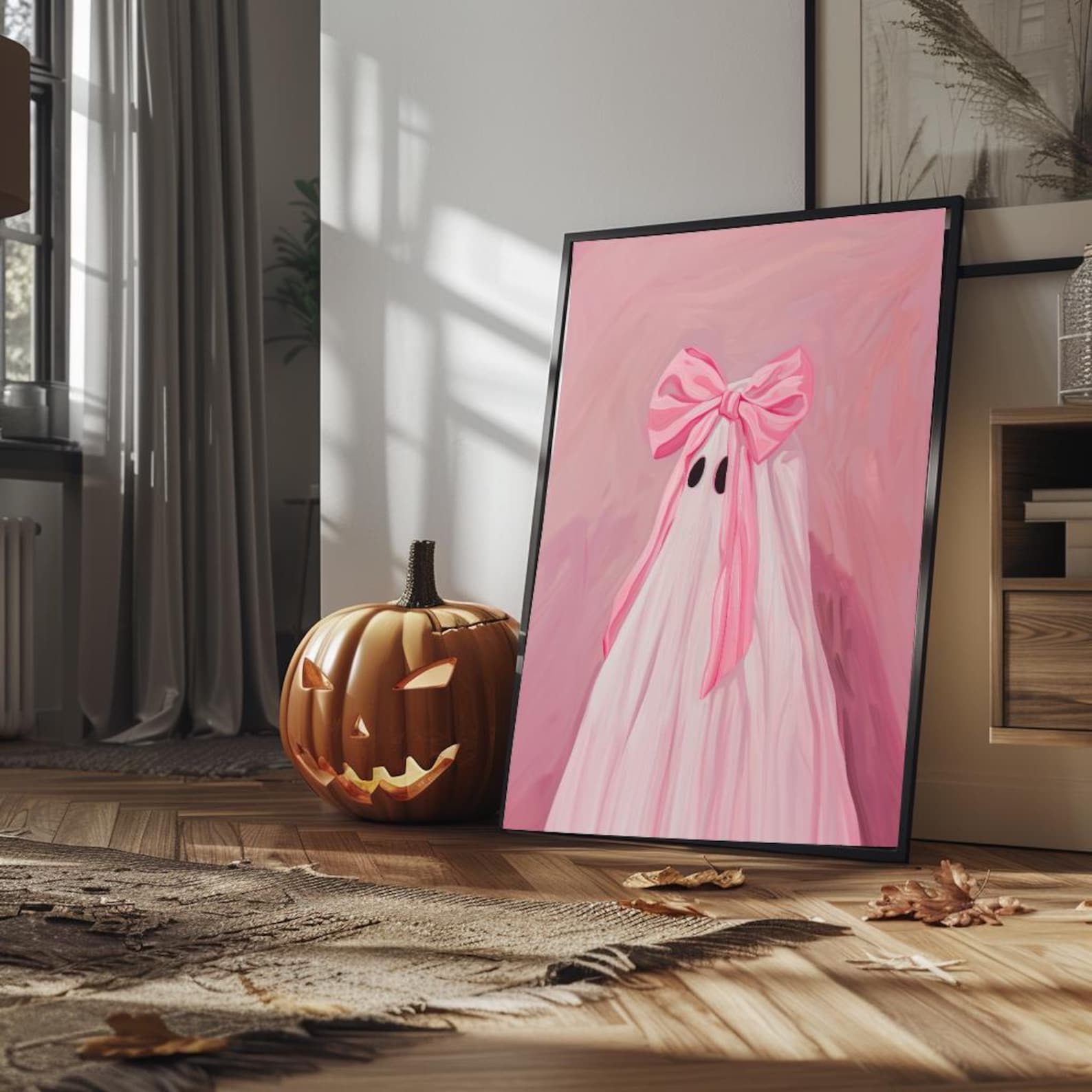 Vintage Pink Bow Ghost Wall Art Print, Halloween Nursery Decor, Preppy ...