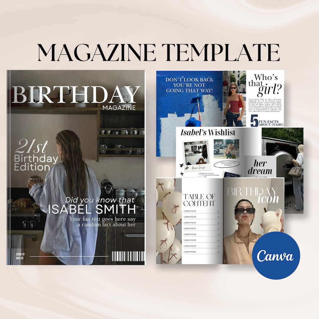Editable Birthday Magazine, Vogue Custom Magazine Canva Template ...