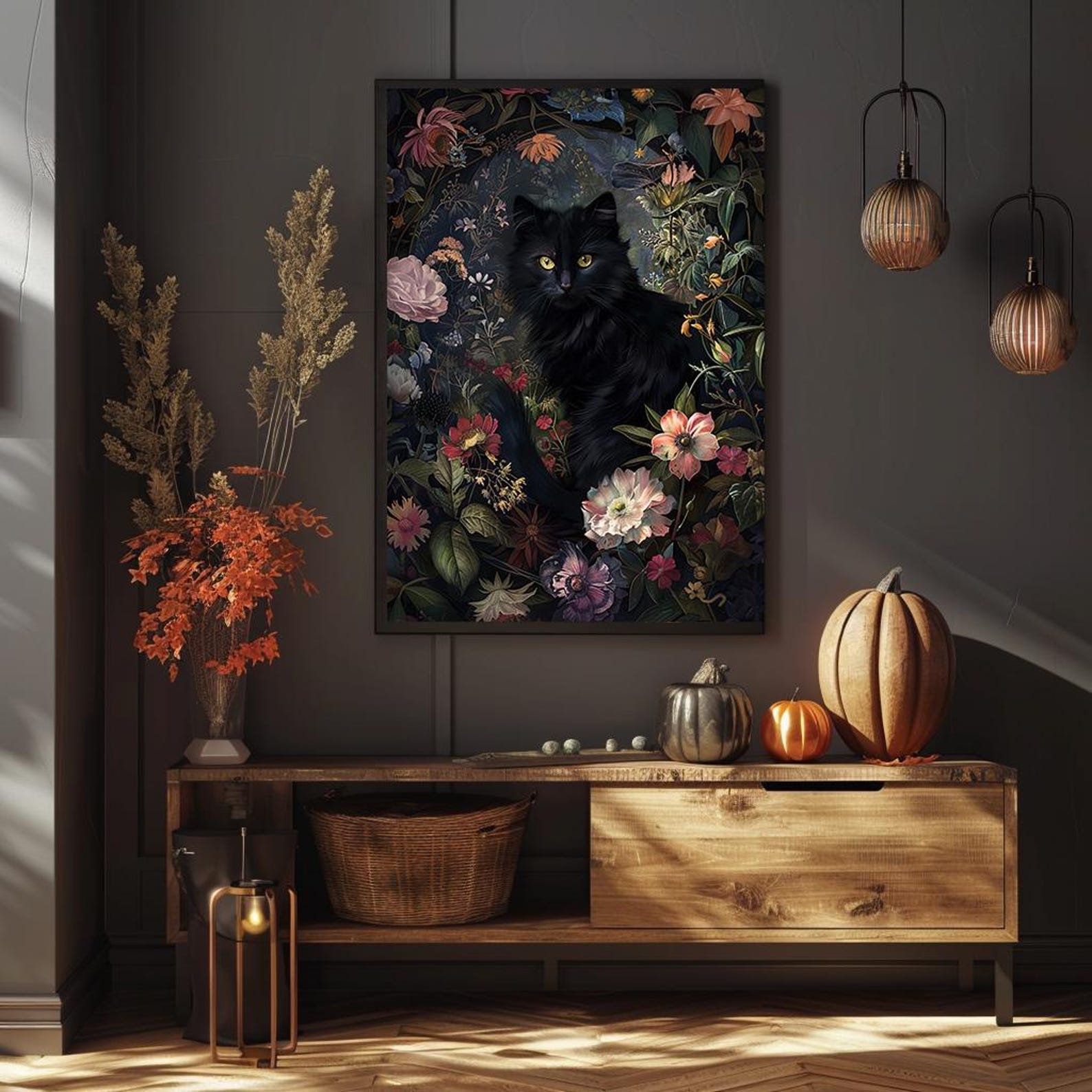 Botanical Black Cat Print, Floral Halloween Black Cat Poster, Halloween ...