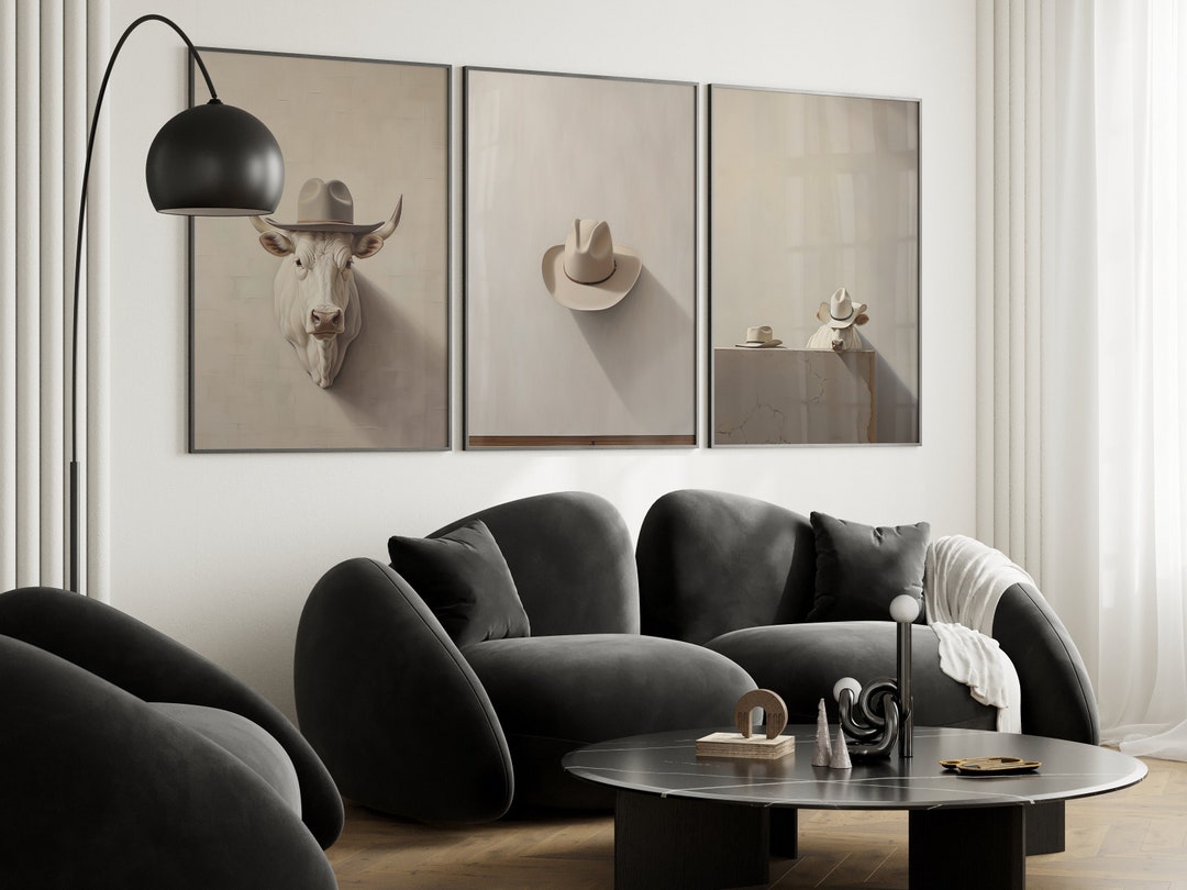 Western Wall Art Printable, Cowboy Hat Poster, Highland Cow, Minimalist ...