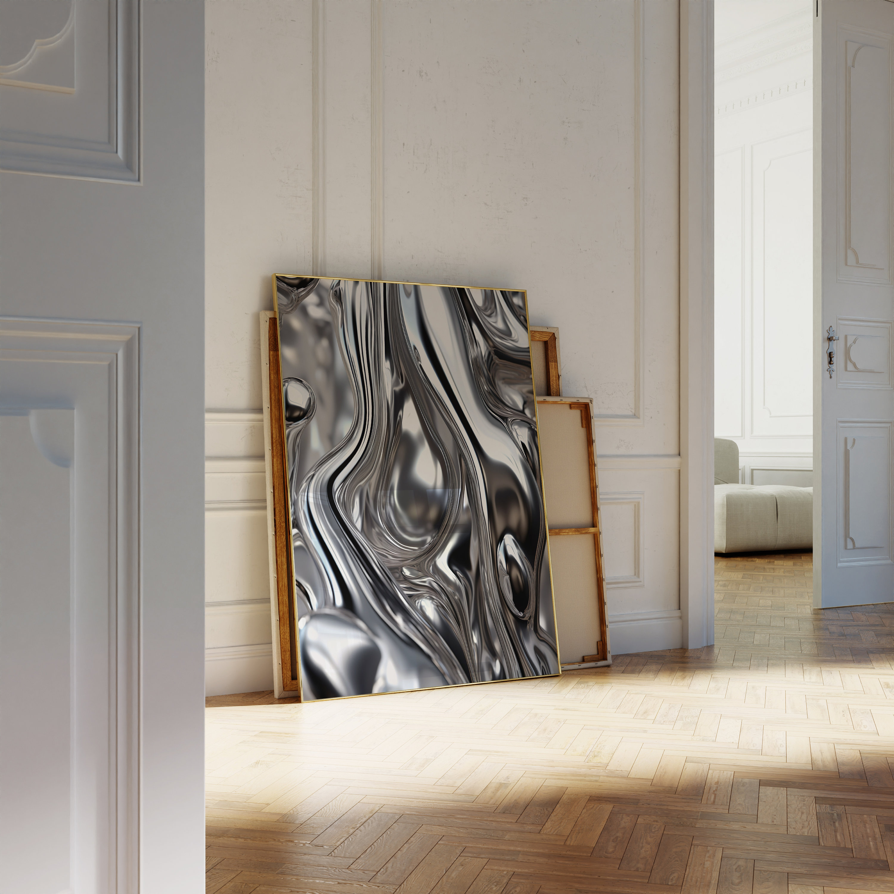 Chrome Wall Art, Abstract Funky Wall Art, Chrome Wavy Print, Silver ...