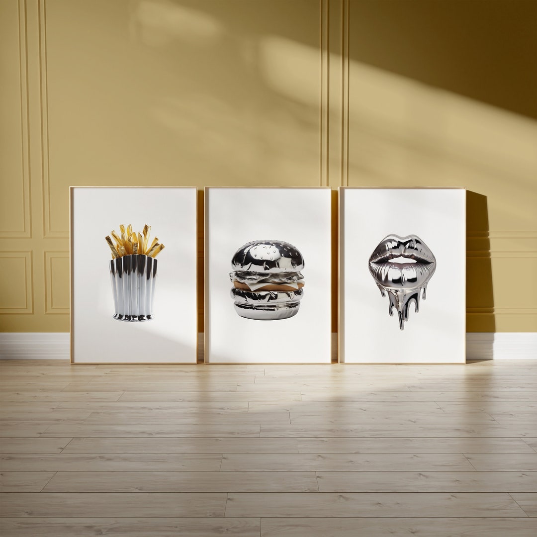 Aesthetic Kitchen Decor, Modern Chrome Burger Art, Kitchen Wall Art ...