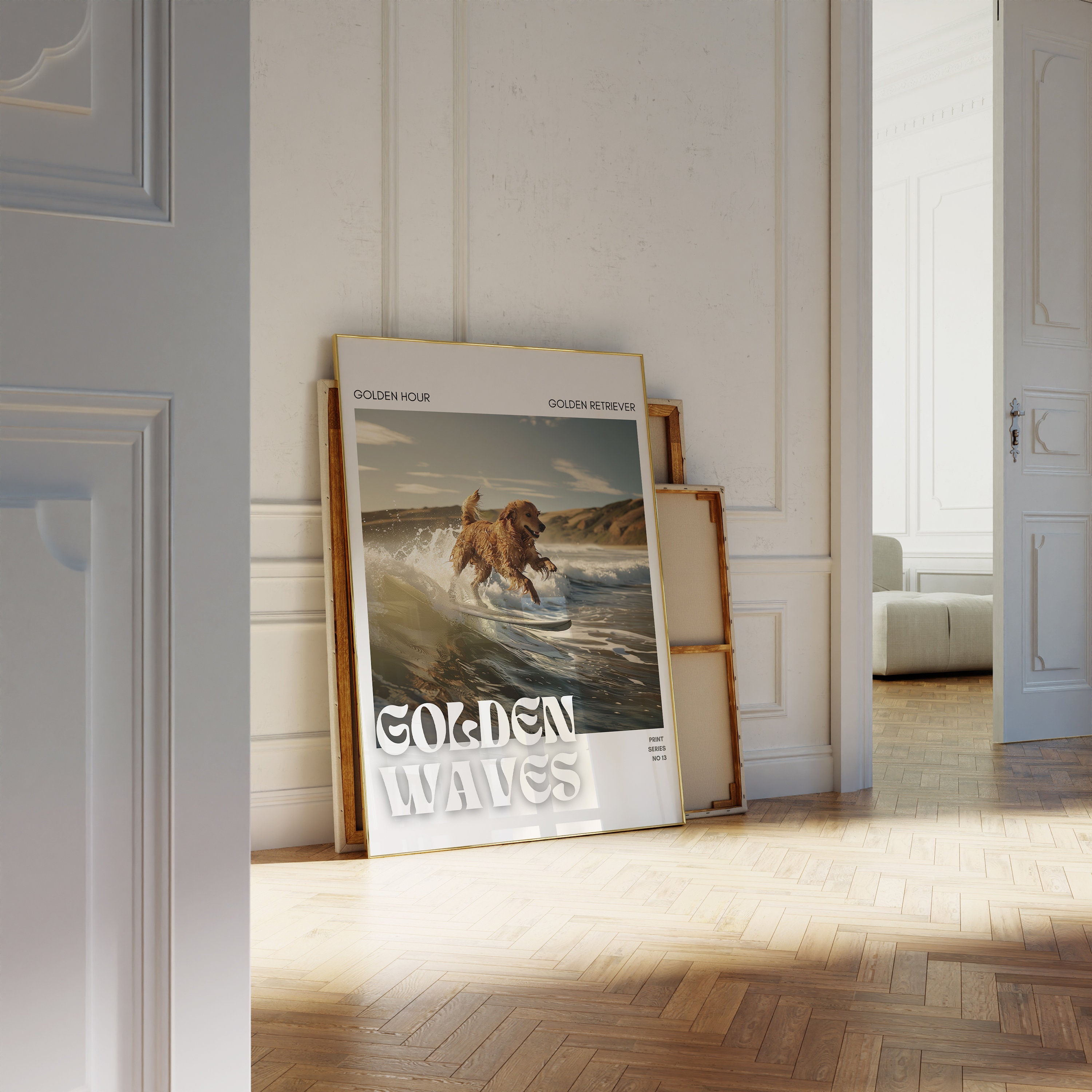 Golden Retriever Dog Surfing Poster, Pet Portrait, Surf Print, Coastal ...