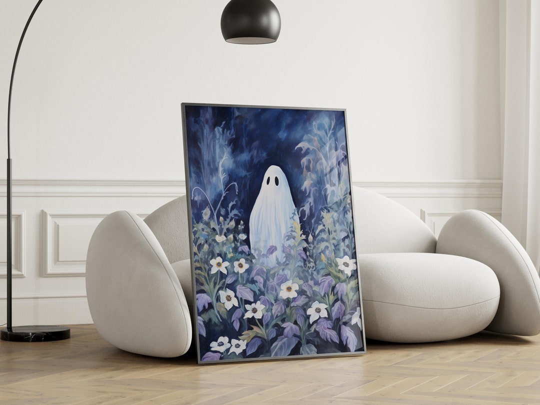Blue Ghost in the Flower Field, Cute Halloween Poster, Whimsical Wall ...