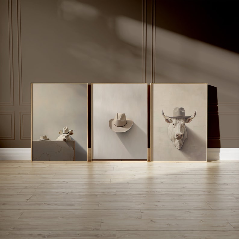 Western Wall Art Printable, Cowboy Hat Poster, Highland Cow, Minimalist ...