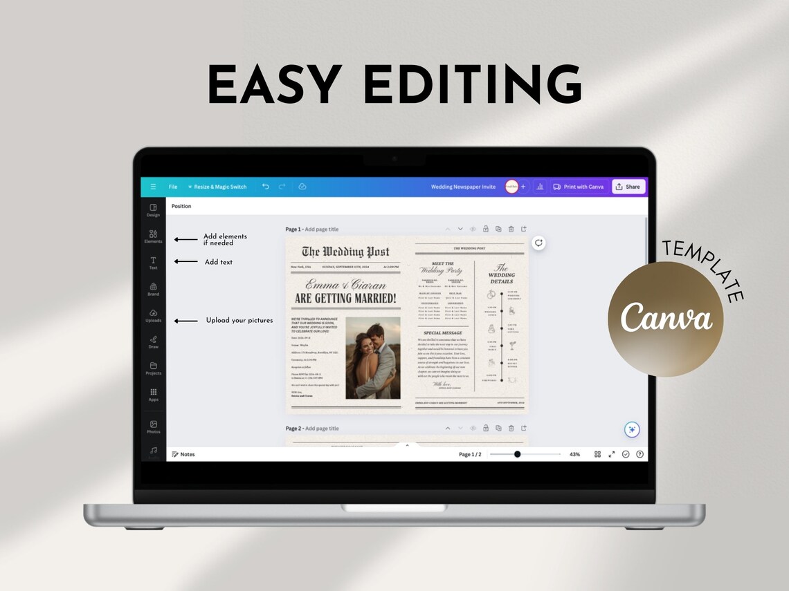 Folded Printable Wedding Newspaper Program Canva Template, Newlywed ...