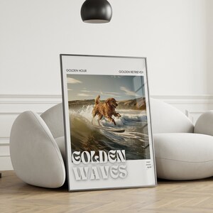 Golden Retriever Dog Surfing Poster, Pet Portrait, Surf Print, Coastal ...