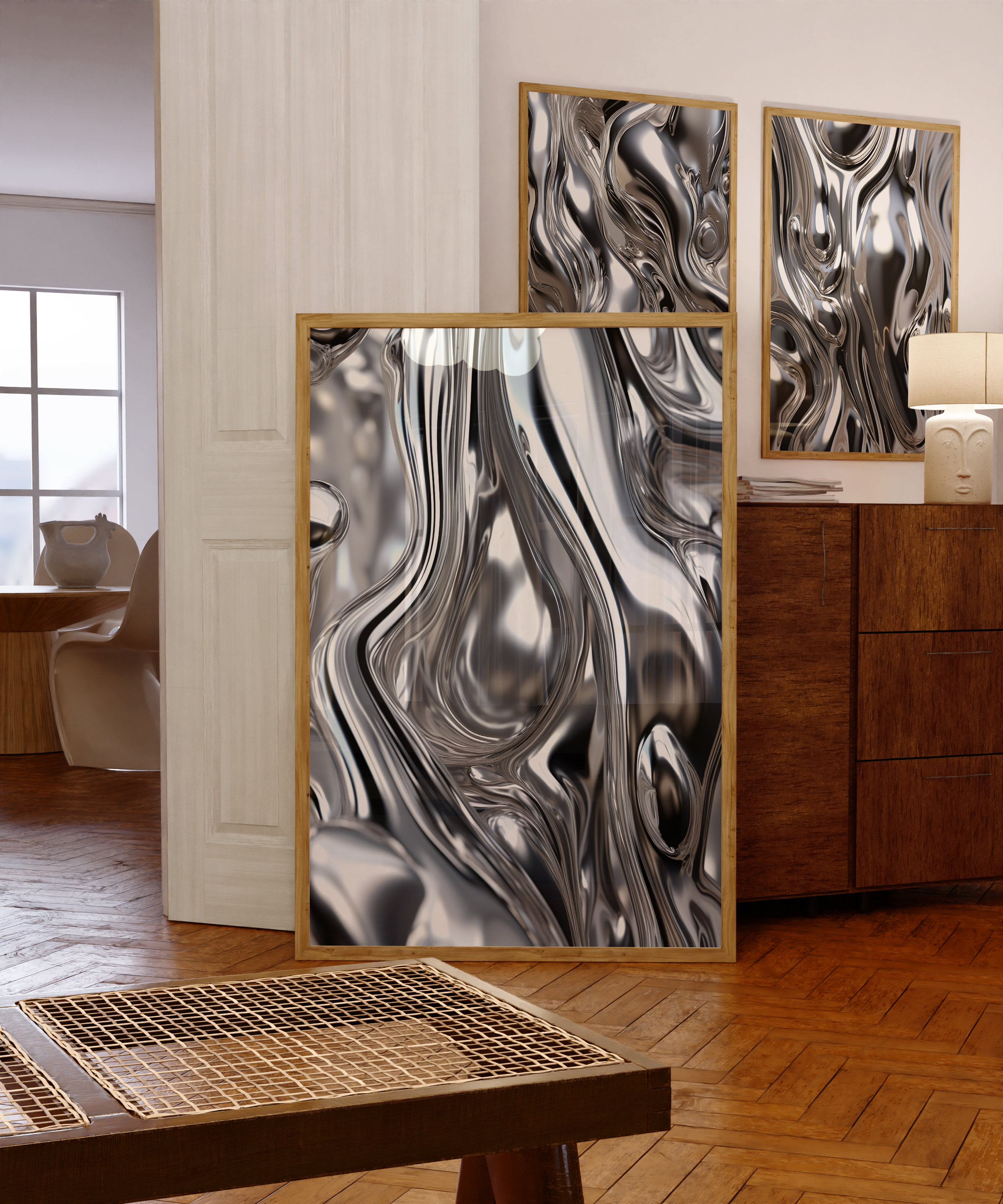 Chrome Wall Art, Abstract Funky Wall Art, Chrome Wavy Print, Silver ...