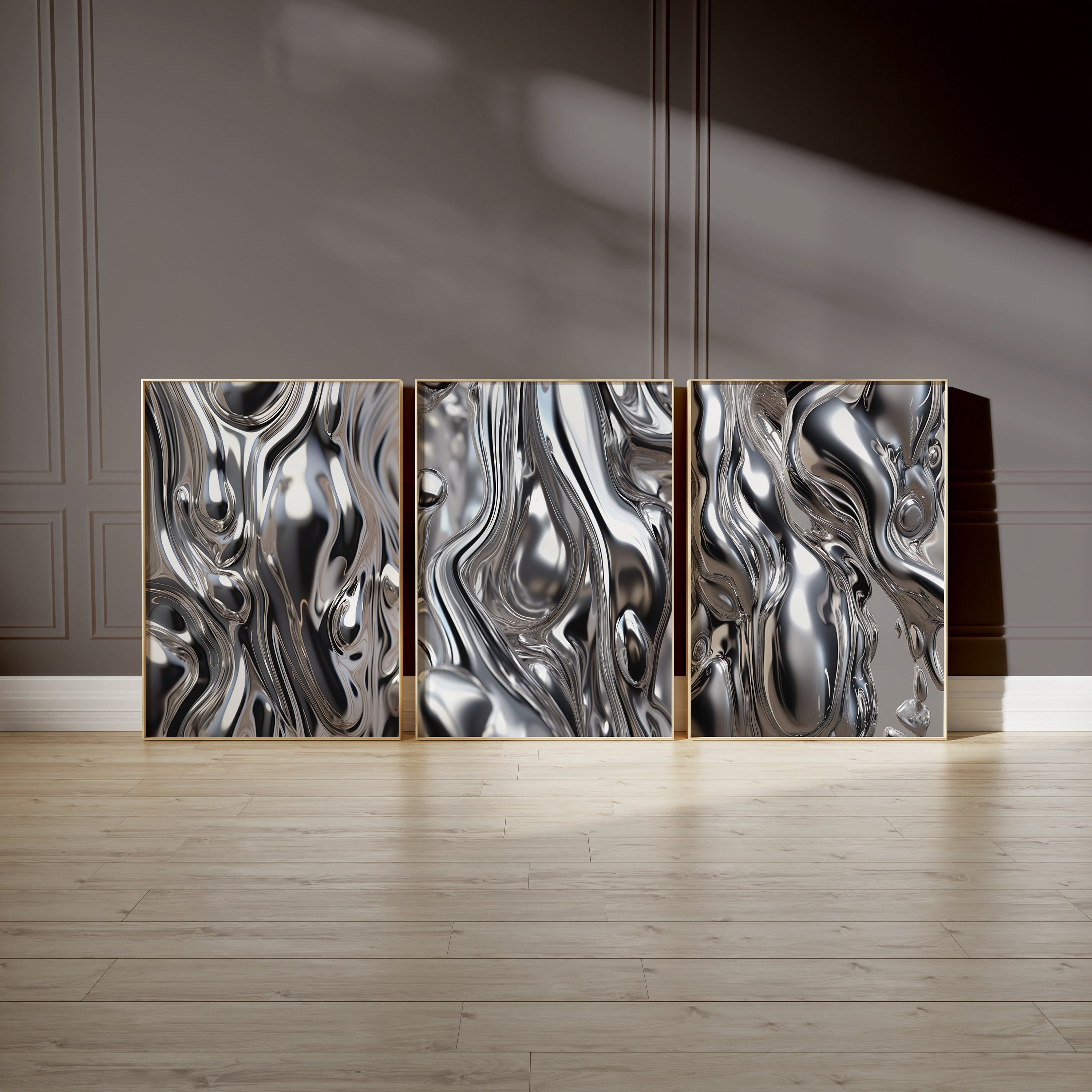 Chrome Wall Art, Abstract Funky Wall Art, Chrome Wavy Print, Silver ...