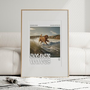 Golden Retriever Dog Surfing Poster, Pet Portrait, Surf Print, Coastal ...