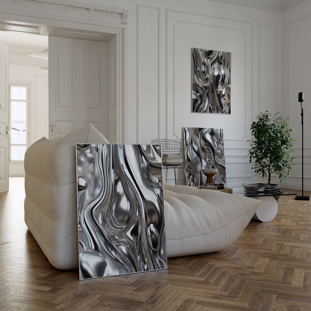 Chrome Decor Wall Art, Abstract Funky Wall Art, Matte Chrome Wavy Print ...