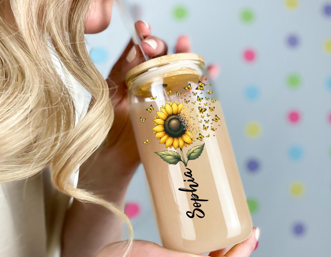 Sunflower Sipper Glass, Personalized Sunflower Glass, Floral Glass ...