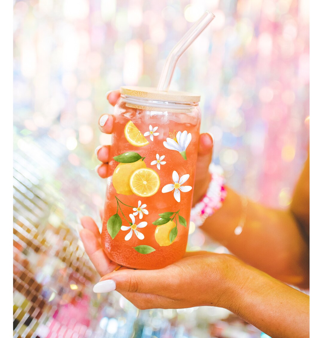 Durable 16 Oz Sipper Glass Cup, Lovely Lemon Sipper Glass, Floral Lemon ...